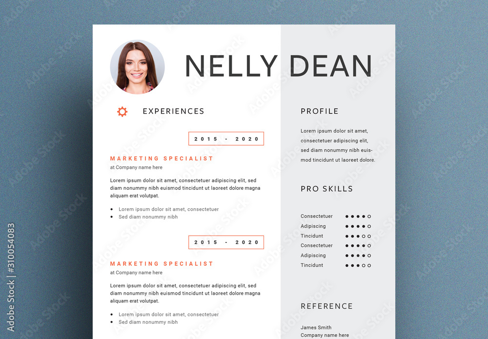 Resume Layout with Light Gray Sidebar and Orange Accents Stock Template ...