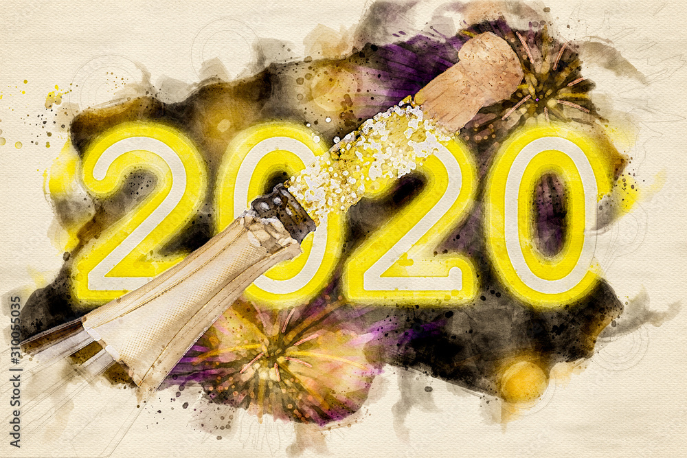 Watercolor painting af cork popping out from bottle with champagne wine ...