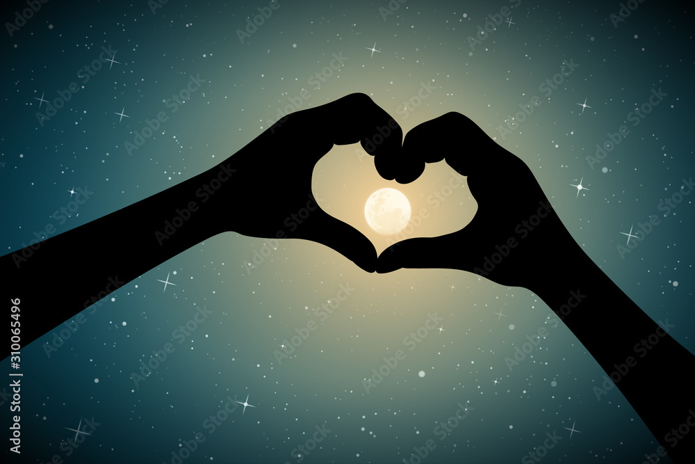 Vecteur Stock Heart shaped hands on moonlit night. Romantic vector ...