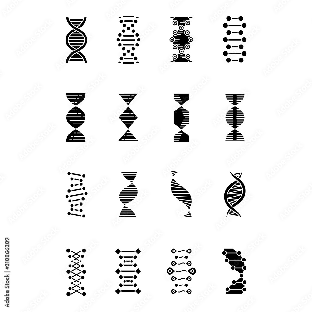 DNA helix glyph icons set. Deoxyribonucleic, nucleic acid structure ...