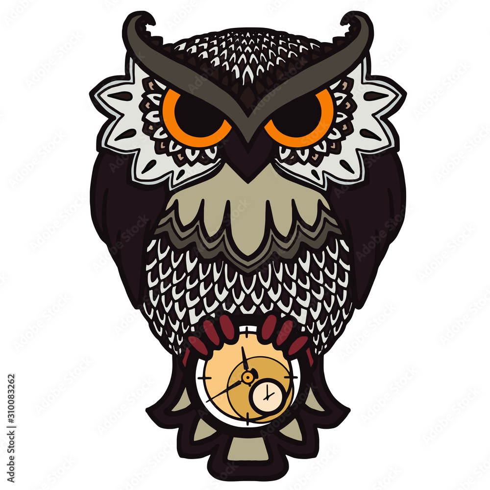 Vector illustration. Cute cartoon bird. Owl with a clock in its paws ...