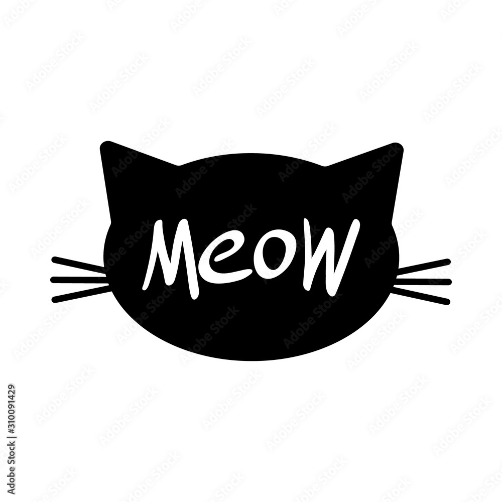 Cute cartoon cat face silhouette with meow lettering inside. Simple ...