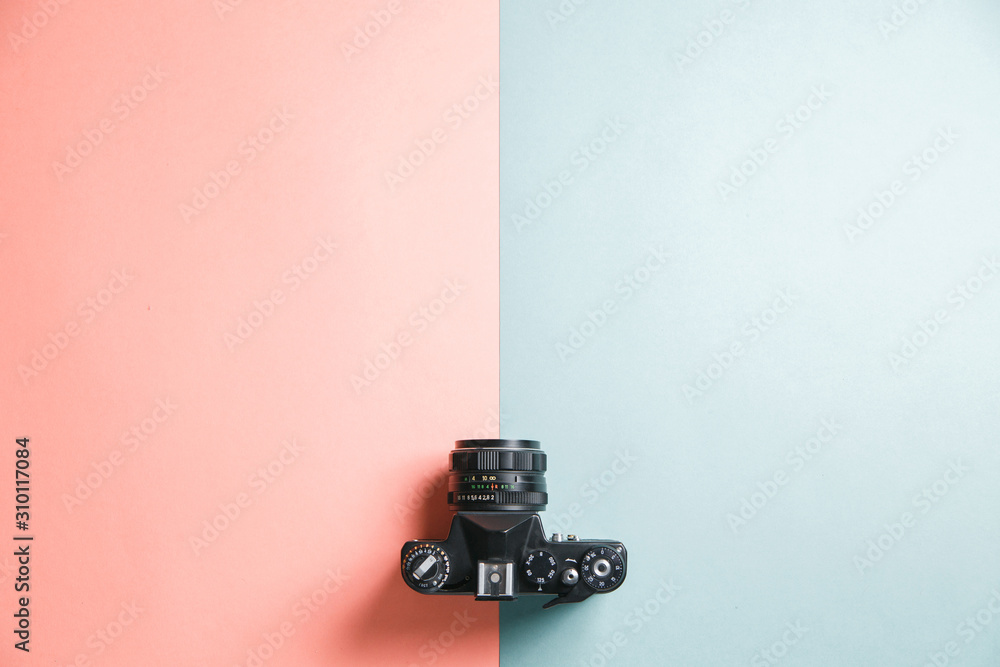 Minimalistic layout of the photographer. Retro camera on bright ...