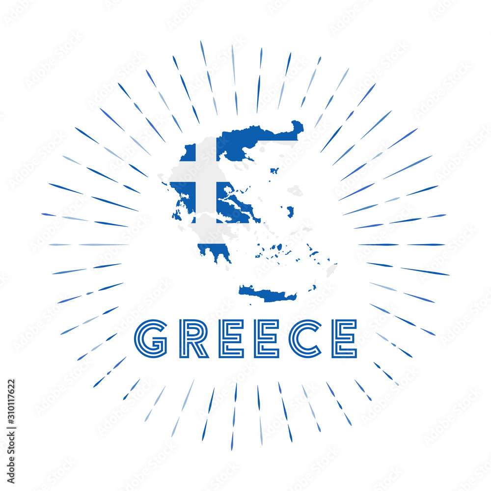 Greece sunburst badge. The country sign with map of Greece with Greek ...