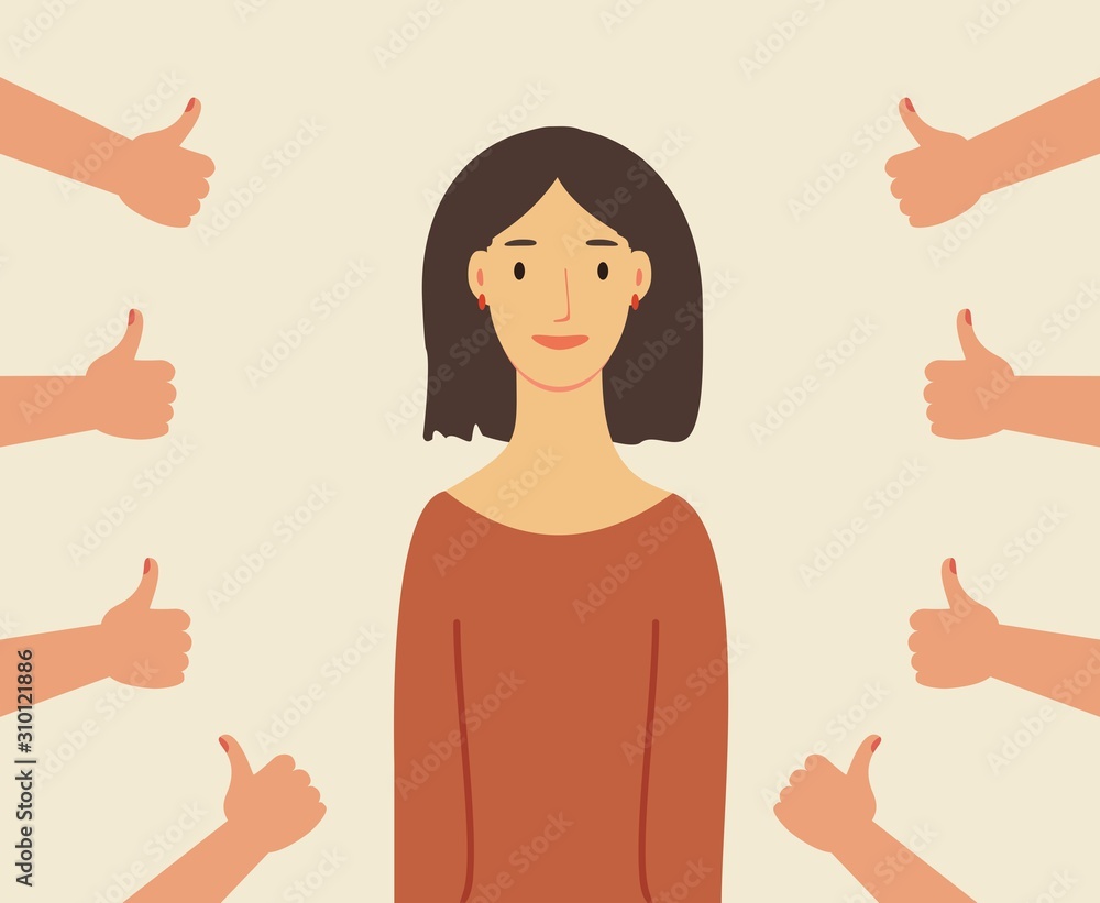 Smiling happy young woman surrounded by hands with thumbs up. Concept ...