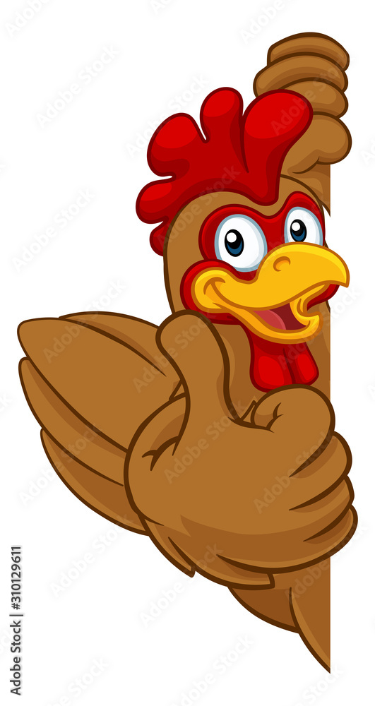 A chicken rooster cockerel bird cartoon character peeking around a sign ...