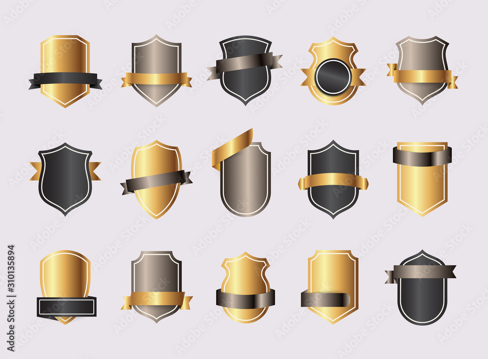 Shield blank gold emblems. Heraldic shields, security black labels ...