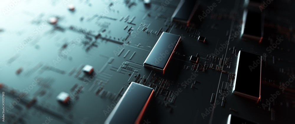 Circuit board futuristic server code processing. Orange, green, blue ...