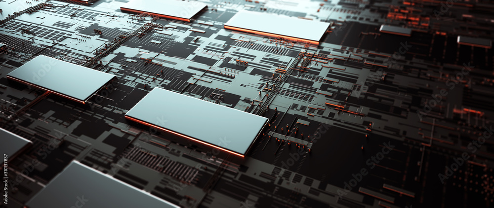 Circuit board futuristic server code processing. Orange, green, blue ...