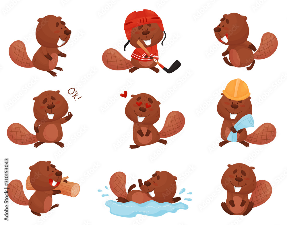 Cute Funny Beaver Character in Different Actions Vector Set Stock ...
