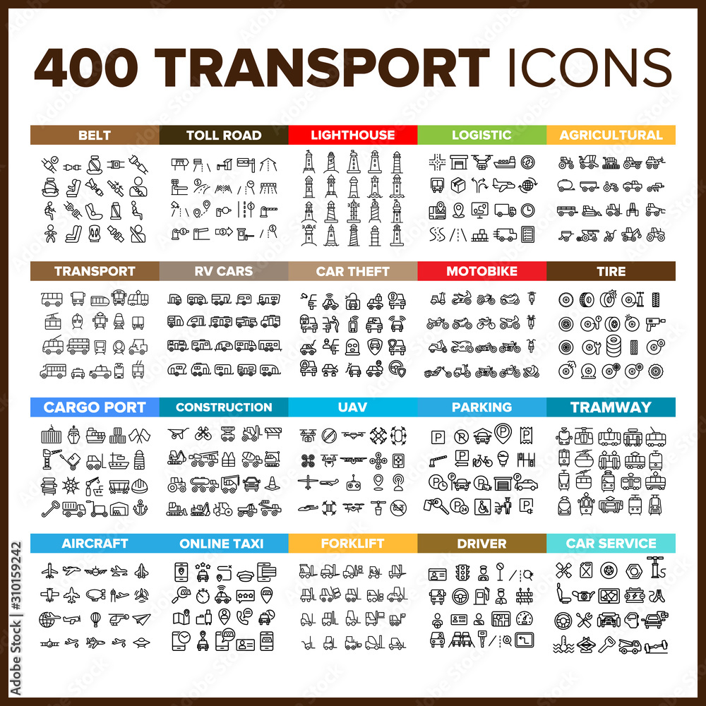 Transport Icon Thin Line Big Set Vector. Transport Symbol Package ...