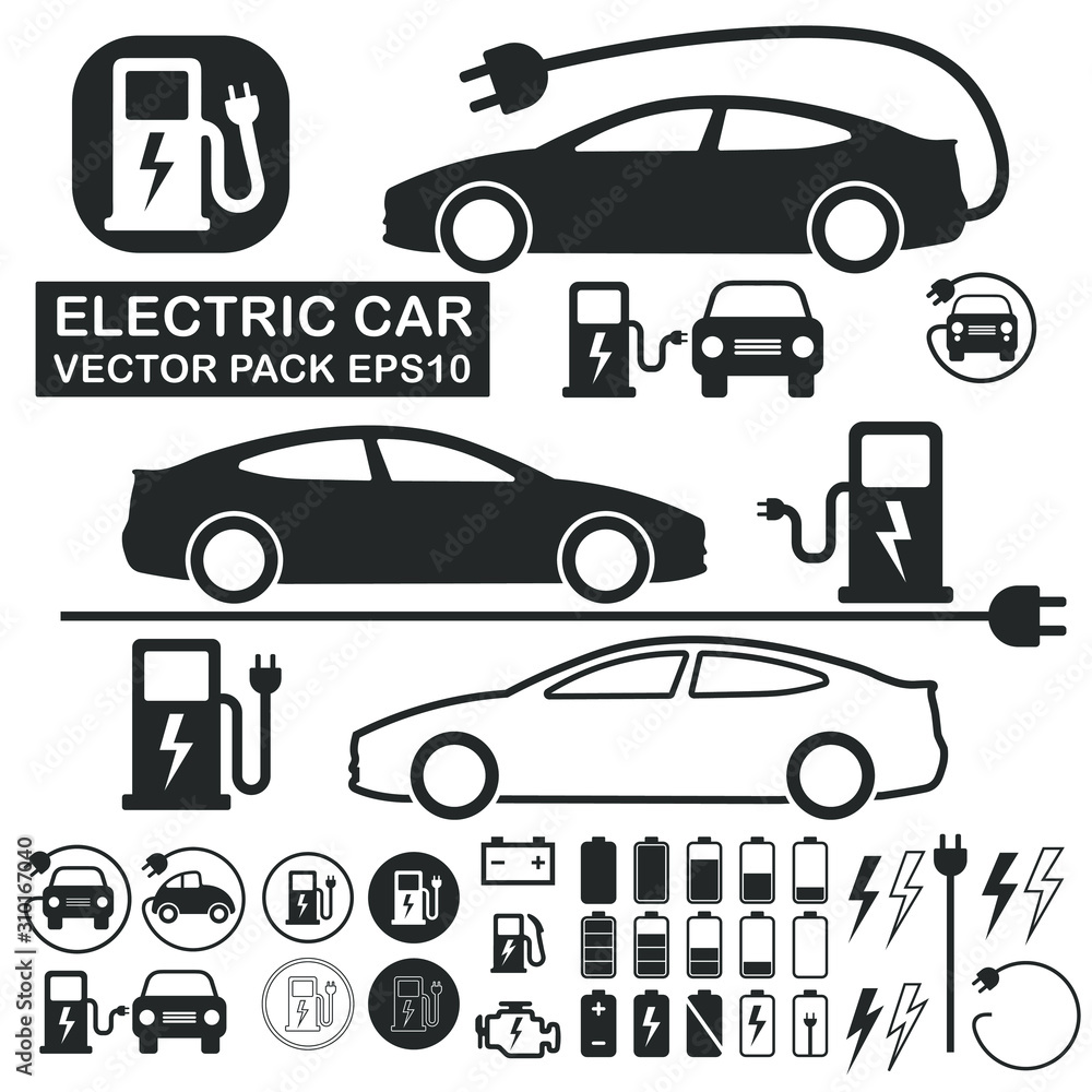 Electrical vehicle road charging station symbol icon set. Electric car ...