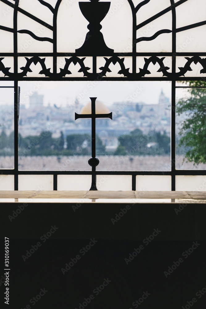 View from the window of the Roman Catholic church Dominus Flevit. Mount ...