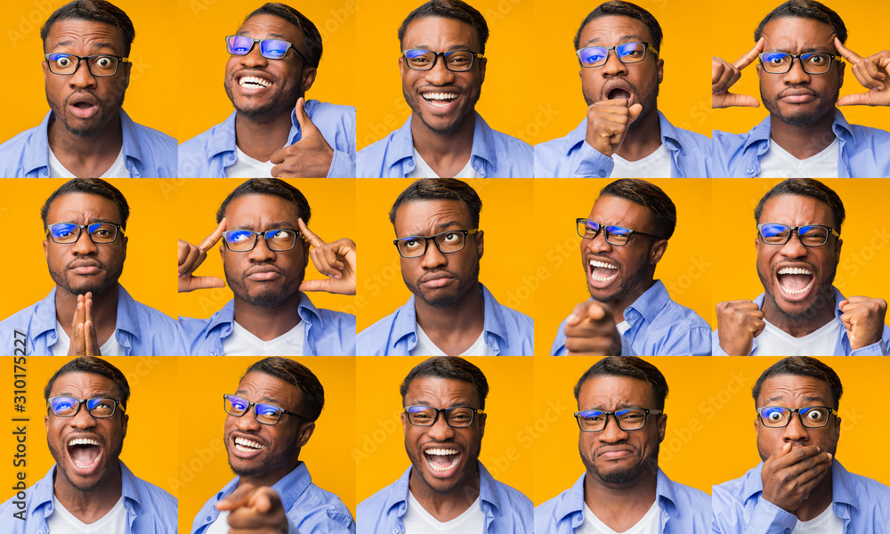 Set Of Black Man Expressions And Emotions Over Yellow Background Stock ...