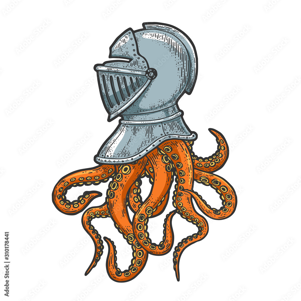 Octopus tentacles in medieval knight helmet sketch engraving vector ...
