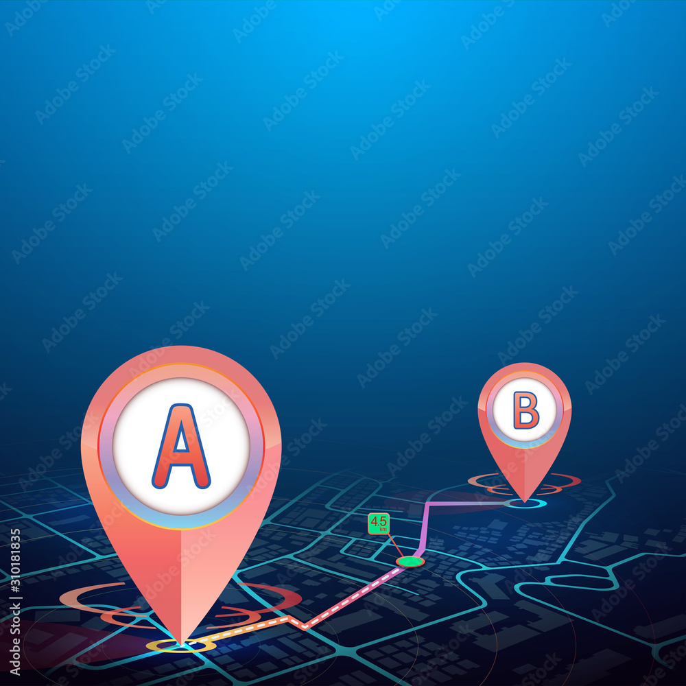 GPS icon from point A to point B with pointer distance and blank space ...
