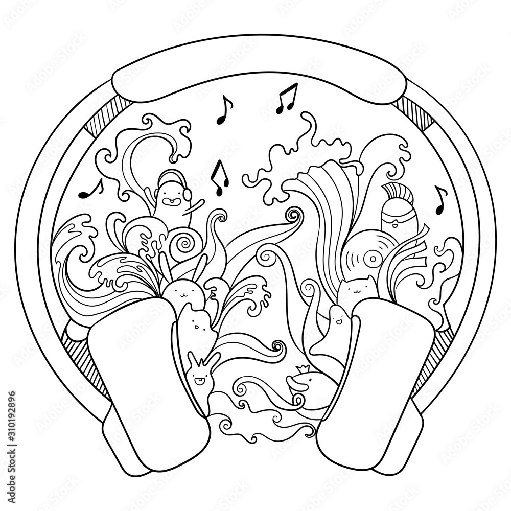 Musical doodles illustration. Headphones with kawaii creatures music ...