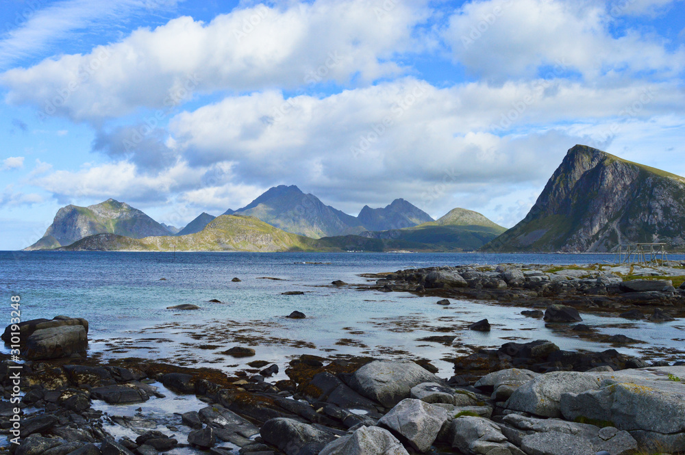 Spectacular view at nordic landscape from beach near Myrland, Lofoten ...