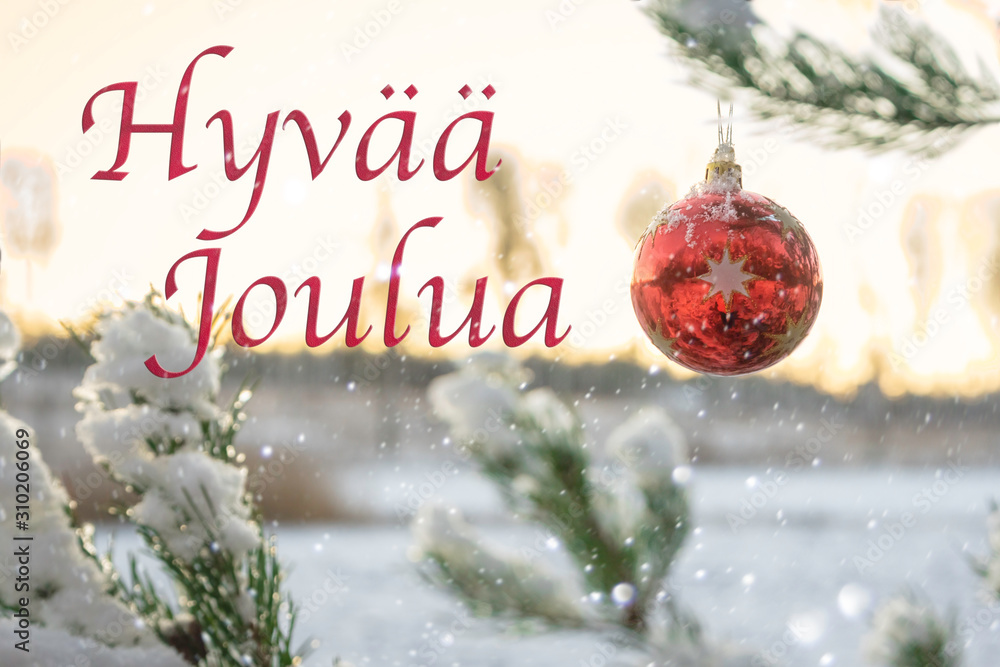 "Hyvää joulua" means "Merry Christmas" in Finnish. 25 December. Blurred ...