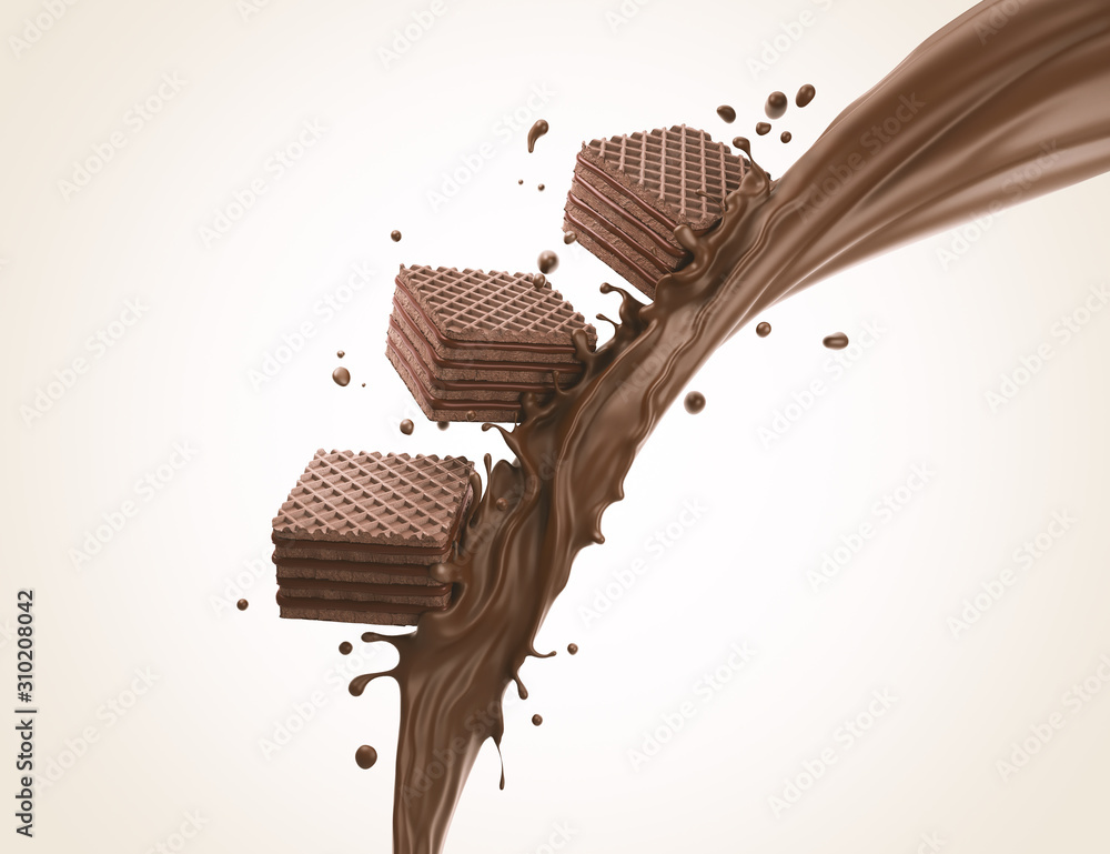 Pile of square wafer biscuit with chocolate splash, 3d rendering. Stock ...