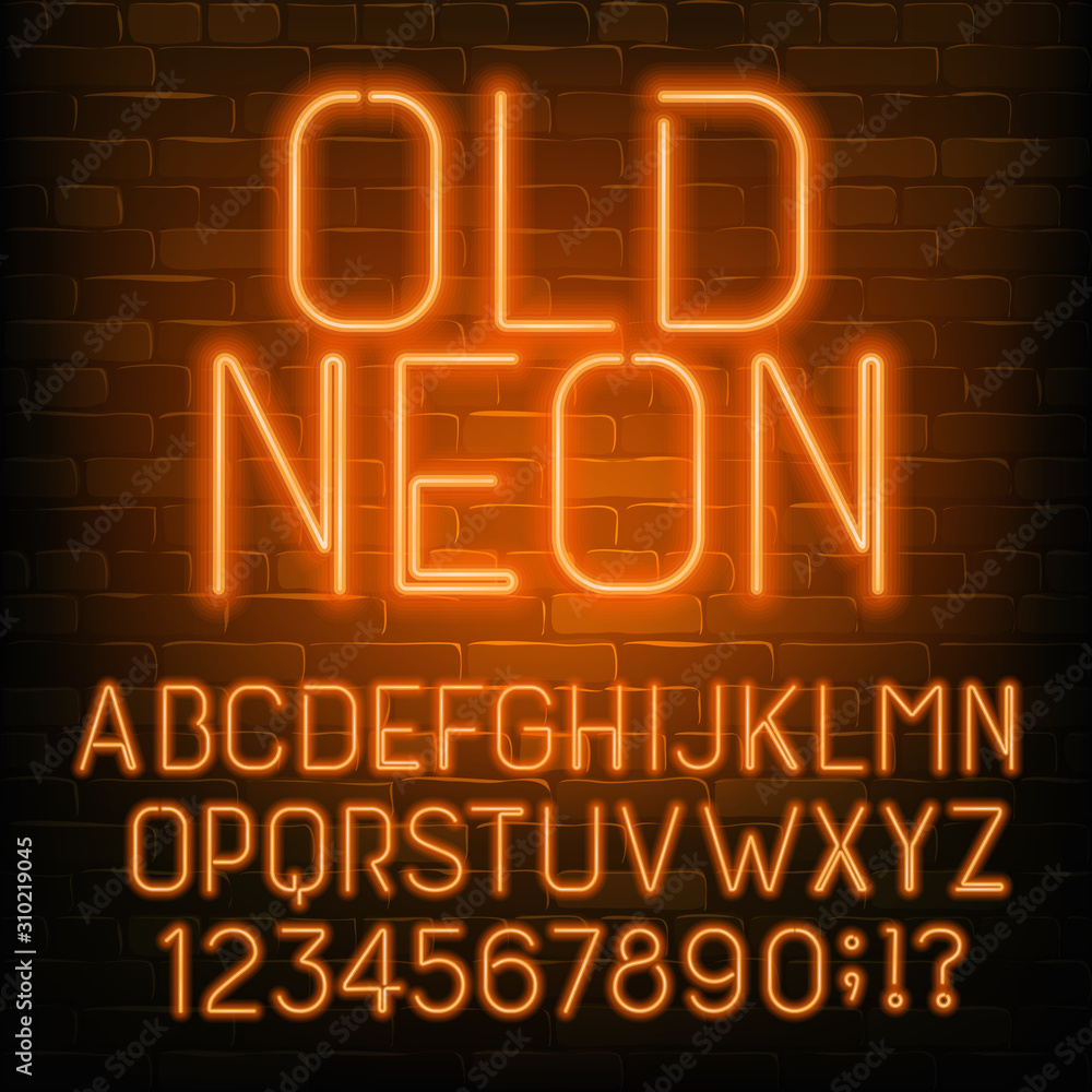 Old Neon alphabet font. Retro orange neon letters and numbers. Brick ...