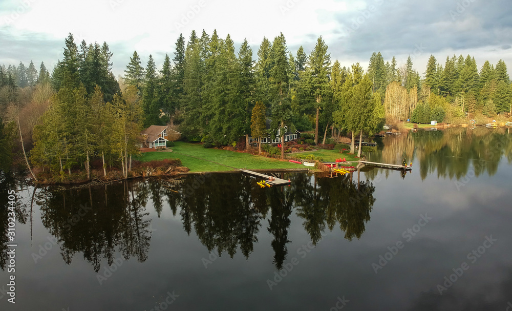 Lovely Lake Joy and the waterfront houses on a fog covered day with the ...