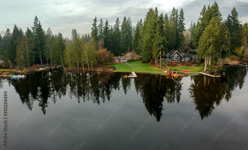 Lovely Lake Joy and the waterfront houses on a fog covered day with the ...