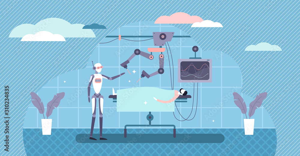 Robot surgeon system in operation room, flat tiny person illustration ...