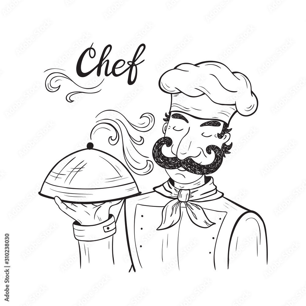 Funny Chef character with tray of food in hand. Black and white outline ...