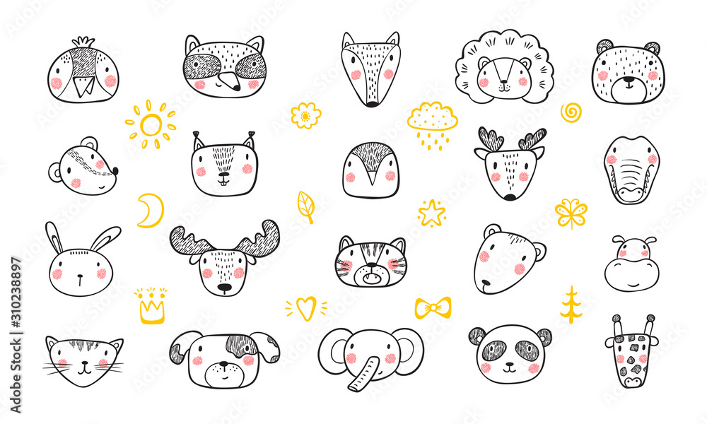 Cute Animal Faces Set. Hand drawn Doodle Cartoon Animals and Birds ...