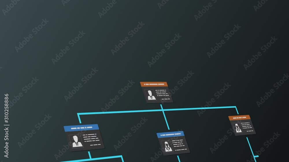 company organization chart with employee badges, scrolling on screen ...