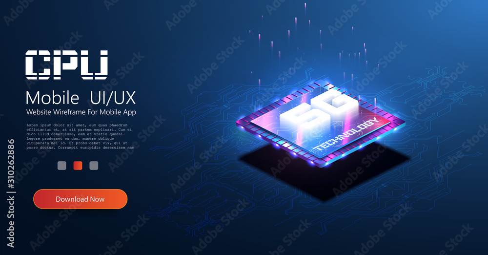 Mobile wireless Internet is a new generation. Isometric futuristic microchip with 5g hologram ...