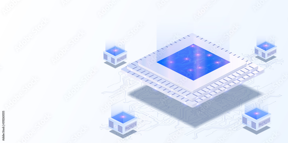 Quantum computer, large data processing, server room, data base concept. Futuristic CPU. Quantum ...