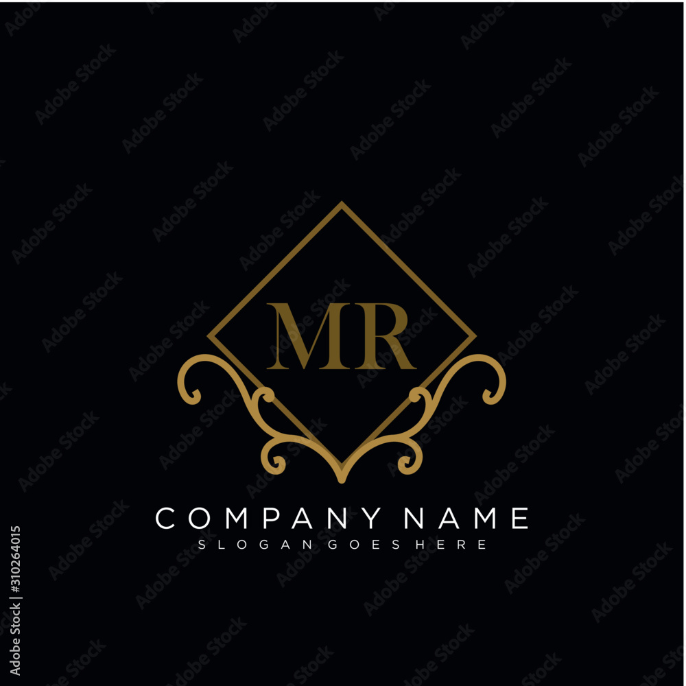 Initial letter MR logo luxury vector mark, gold color elegant classical ...