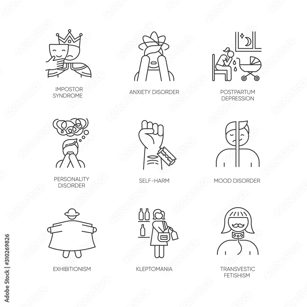 Mental disorder linear icons set. Impostor. Anxiety, depression. Self ...