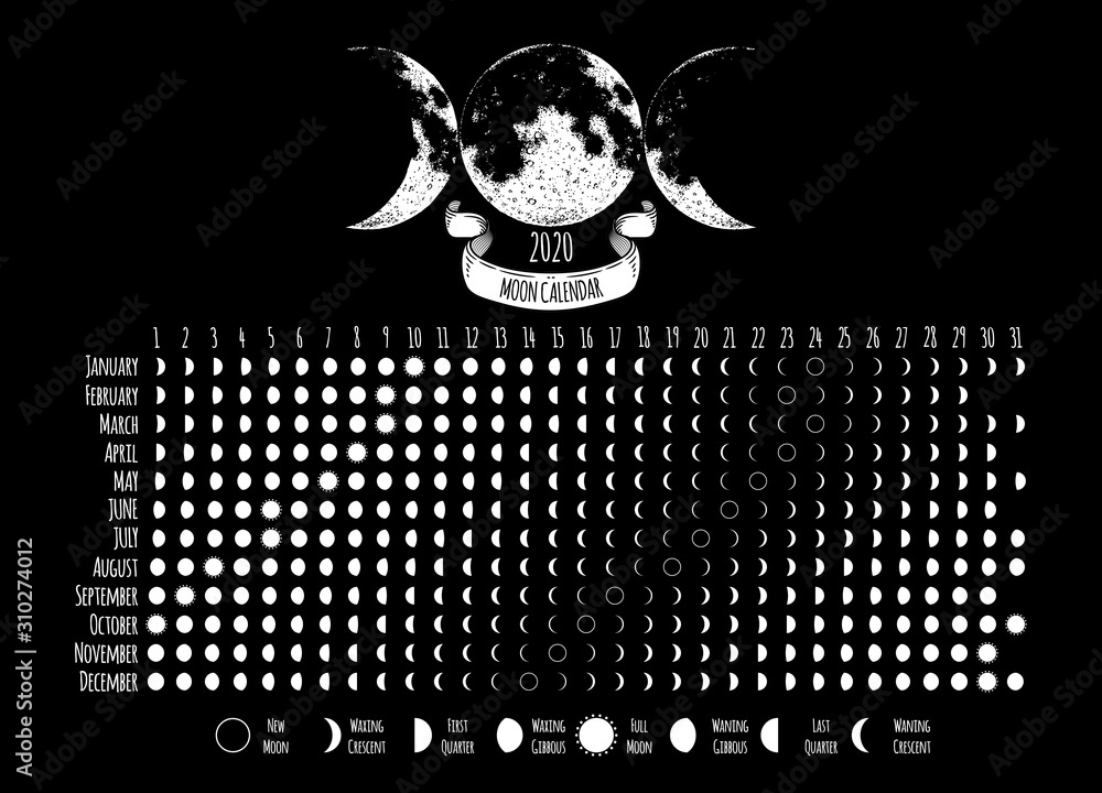 Moon calendar, 2020 year, lunar phases, cycles. Design illustrated with ...