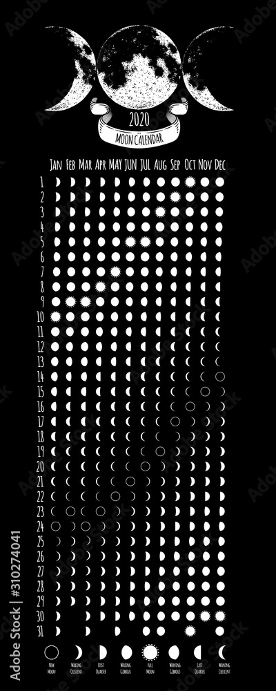 Moon calendar, 2020 year, lunar phases, cycles. Design illustrated with ...