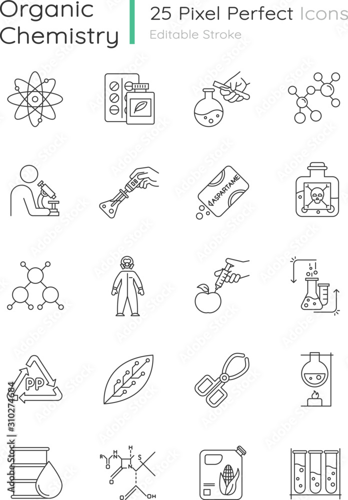 Science experiment linear icons set. Biotechnology equipment. Work in ...