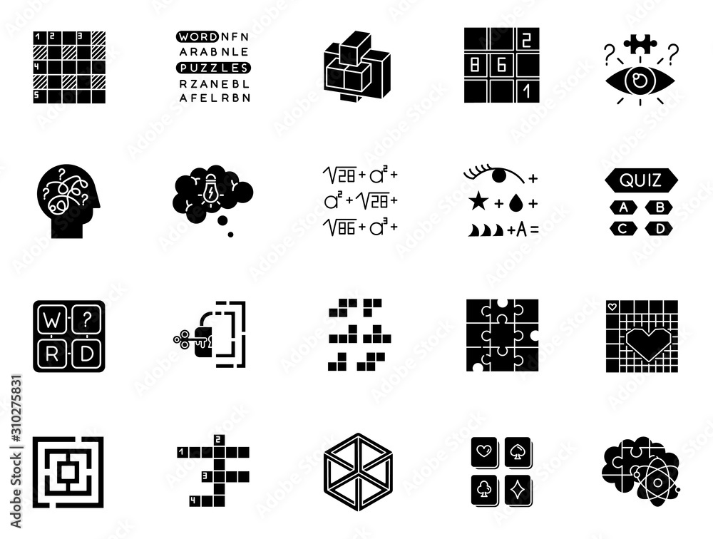 Puzzles and riddles glyph icons set. Mental exercise. Language ...