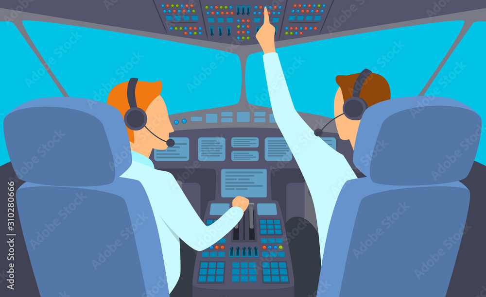 Poster Cartoon Color Characters People and Airplane Cockpit Interior ...