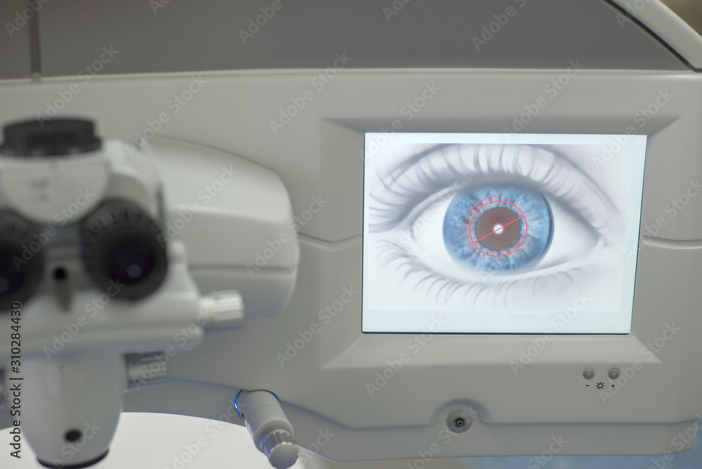laser eye surgery. Close-up workplace of an ophthalmologist surgeon ...