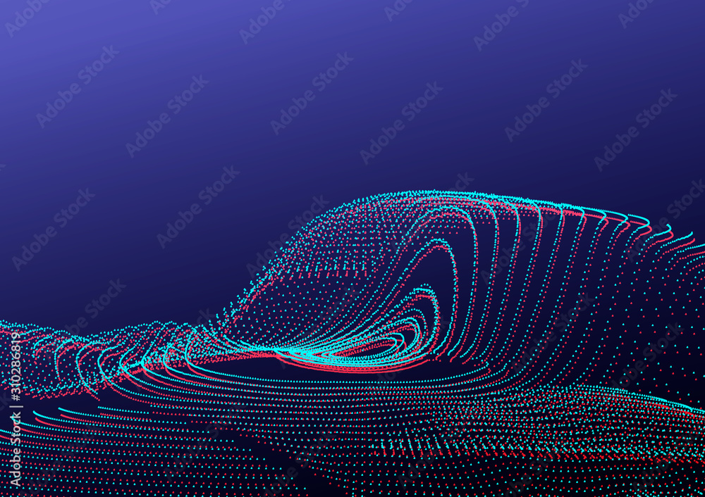 Abstract background with particles. Volumetric figures and waves of ...