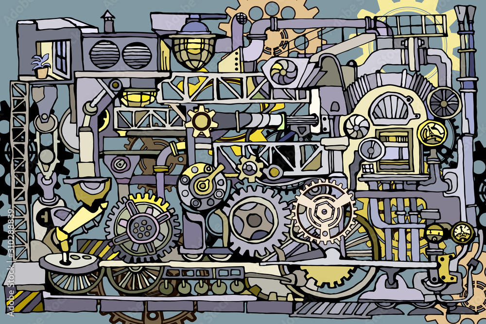 Abstract factory or steampunk decorative illustration with hand-drawn ...
