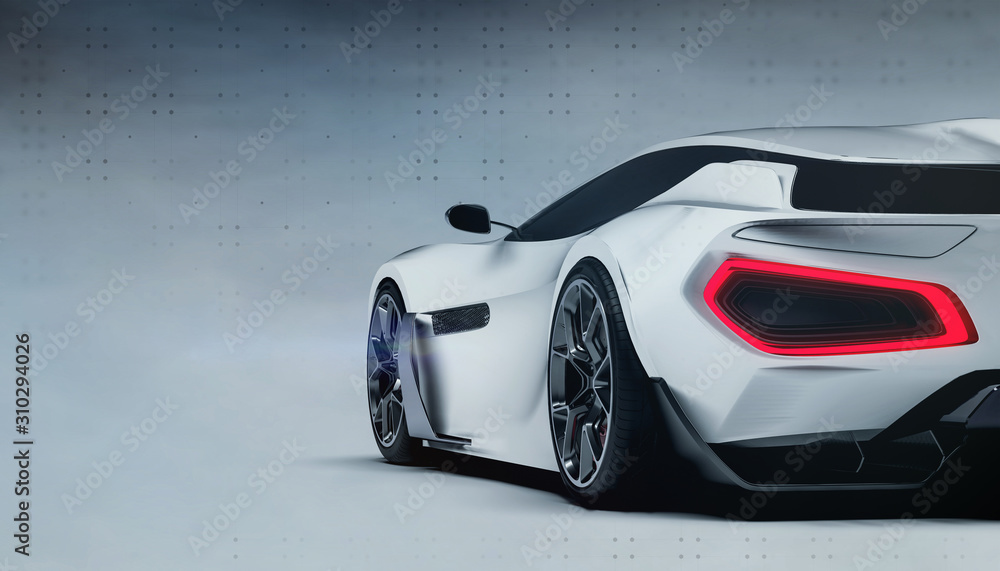 White futuristic sports car rear view (3D illustration) Stock ...