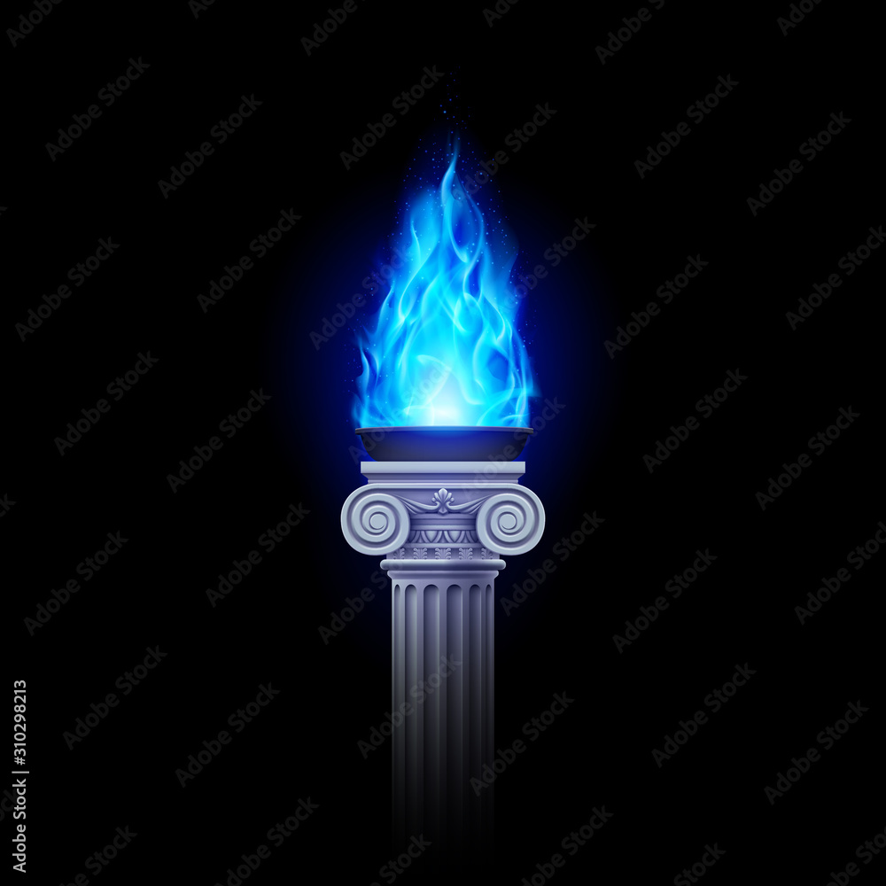 Ancient Column with Blue Flame. Illustration of a Flaming Torch Based ...