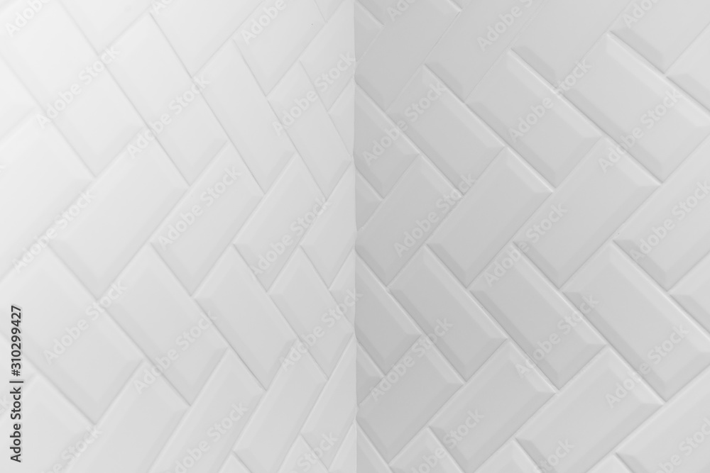 Internal angle of beveled white matt ceramic tiles pattern herringbone ...
