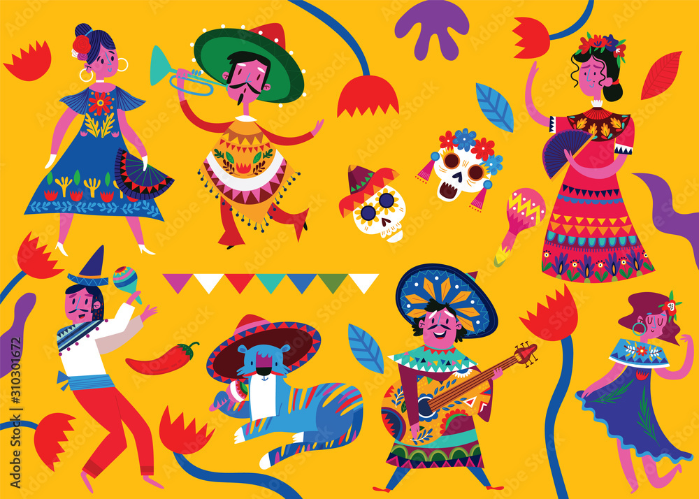 Mexican vector set of mexican characters in flat hand drawn style ...