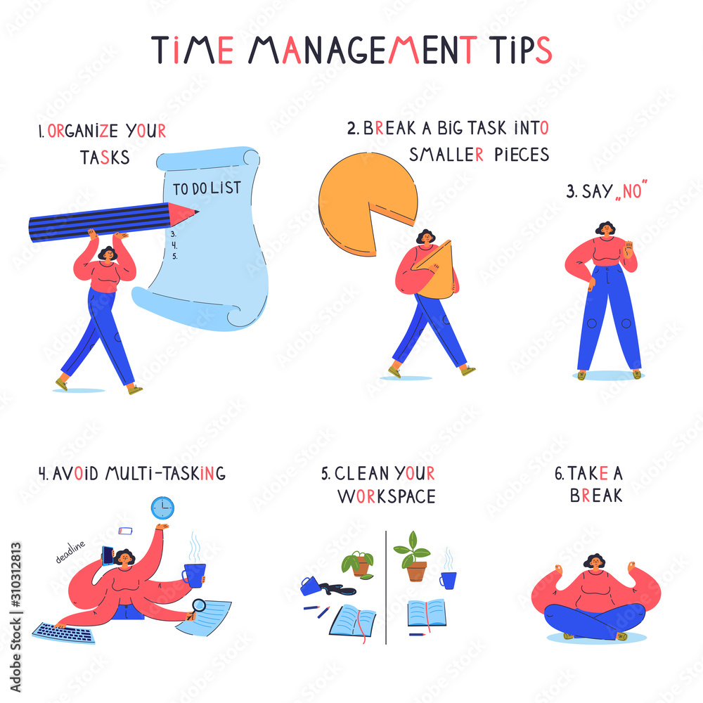 Time management tips concept.Tiny young woman helps you understand what ...