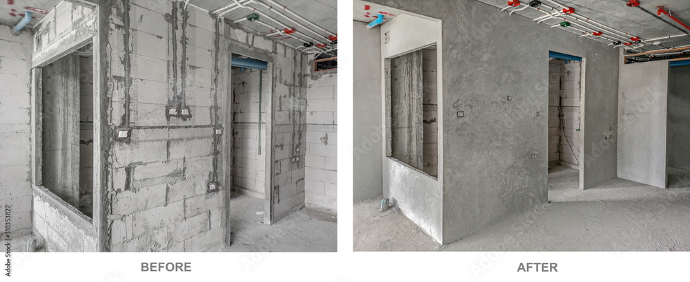 Installation of electrical wiring on the wall. Work plaster on masonry ...