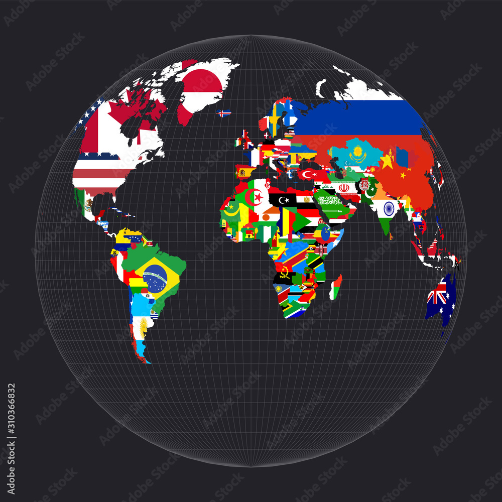 World map with flags. Gilbert's two-world perspective projection. Map ...